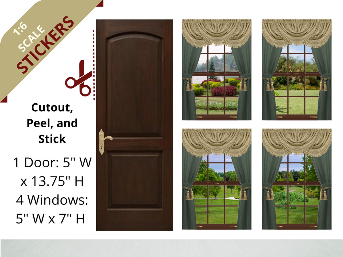 STICKERS 1:6 Scale 4 Windows and Door with Tan and Hunter Green Drapes ...